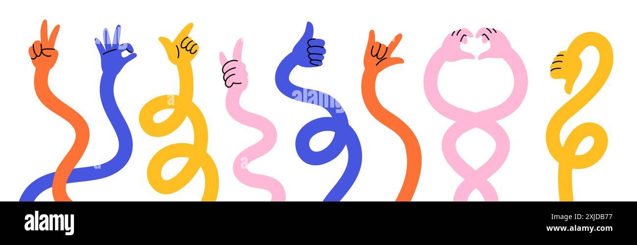 Colorful flexible hands. Curved stretched limbs with different skin ...