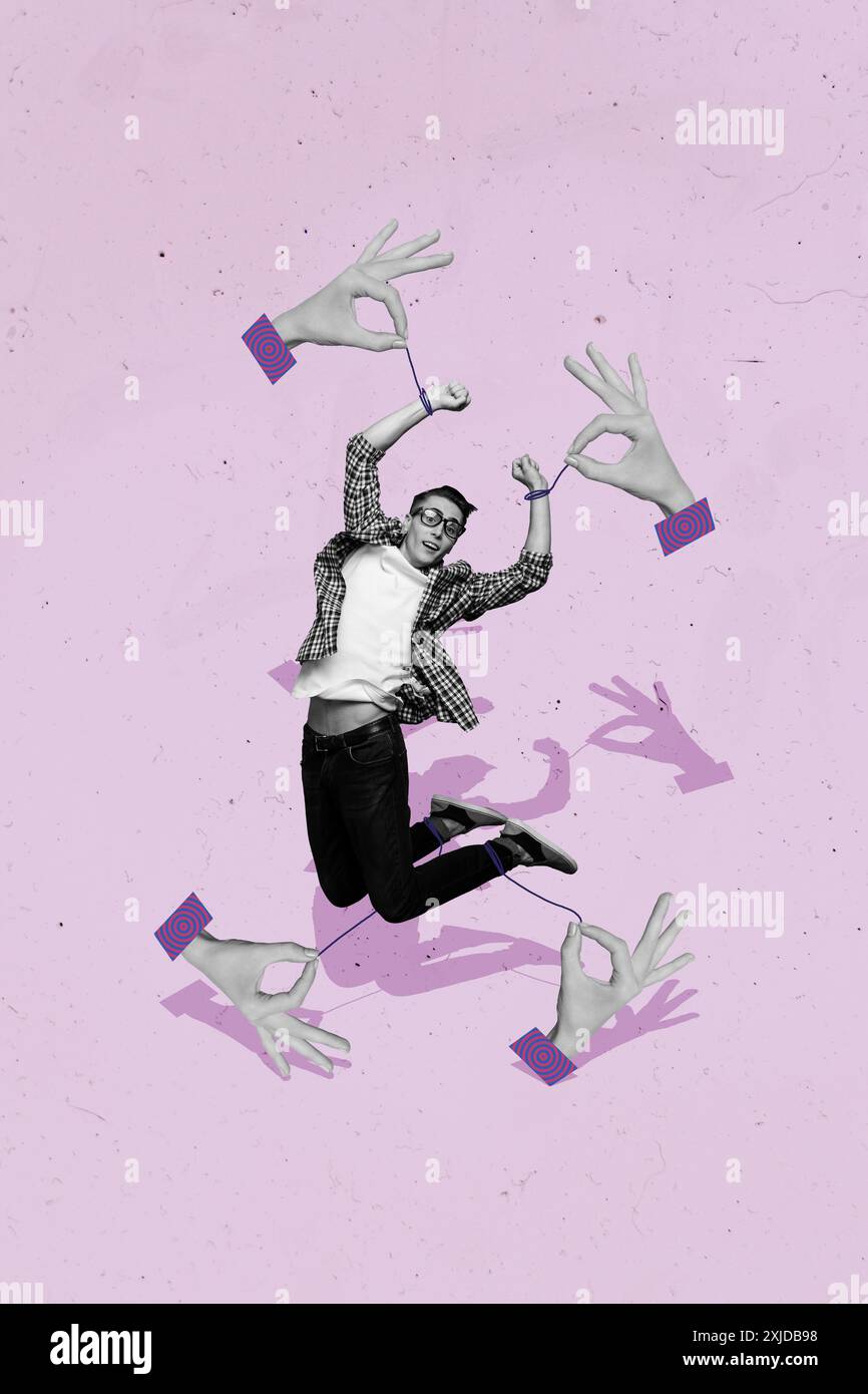 Collage artwork sketch picture of funny man with tied hands domination ...