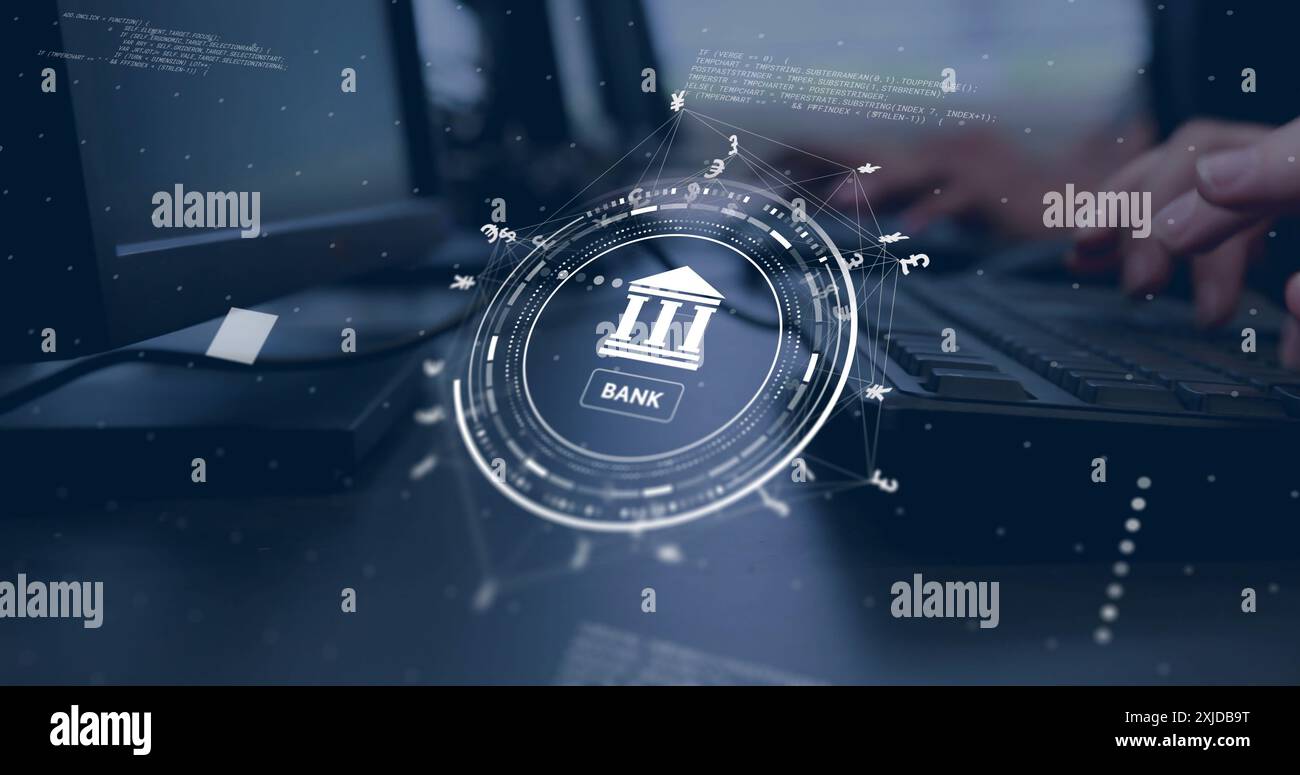 Image of bank sign, network and data processing over caucasian woman ...