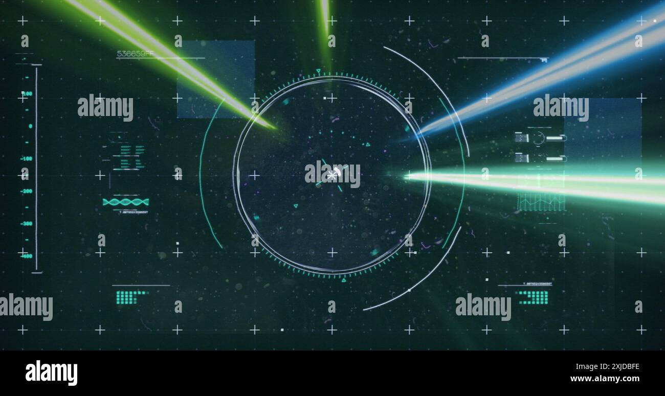 Image of flashing coloured light beams over circular scanner processing data on black background ...