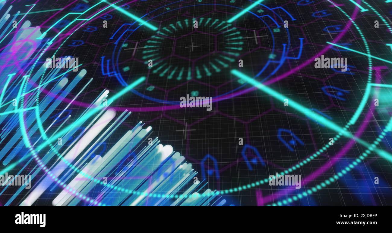 Image of lights and colourful circular scanner processing on black background. Network, data ...