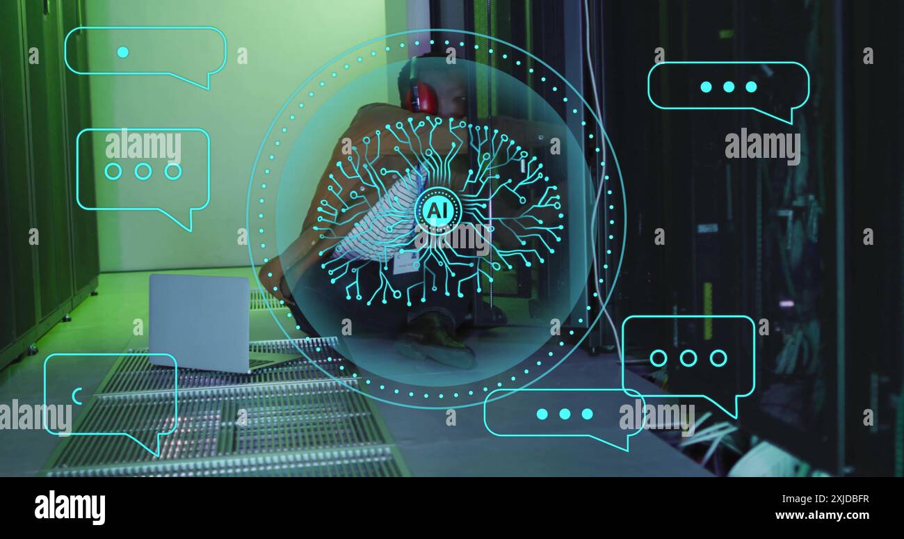 Image of ai data processing over asian man using vr fixing computer server. Global artificial ...