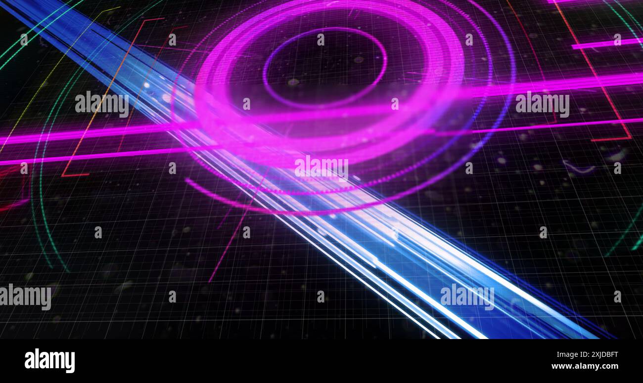 Image of lights and colourful circular scanner processing on black ...