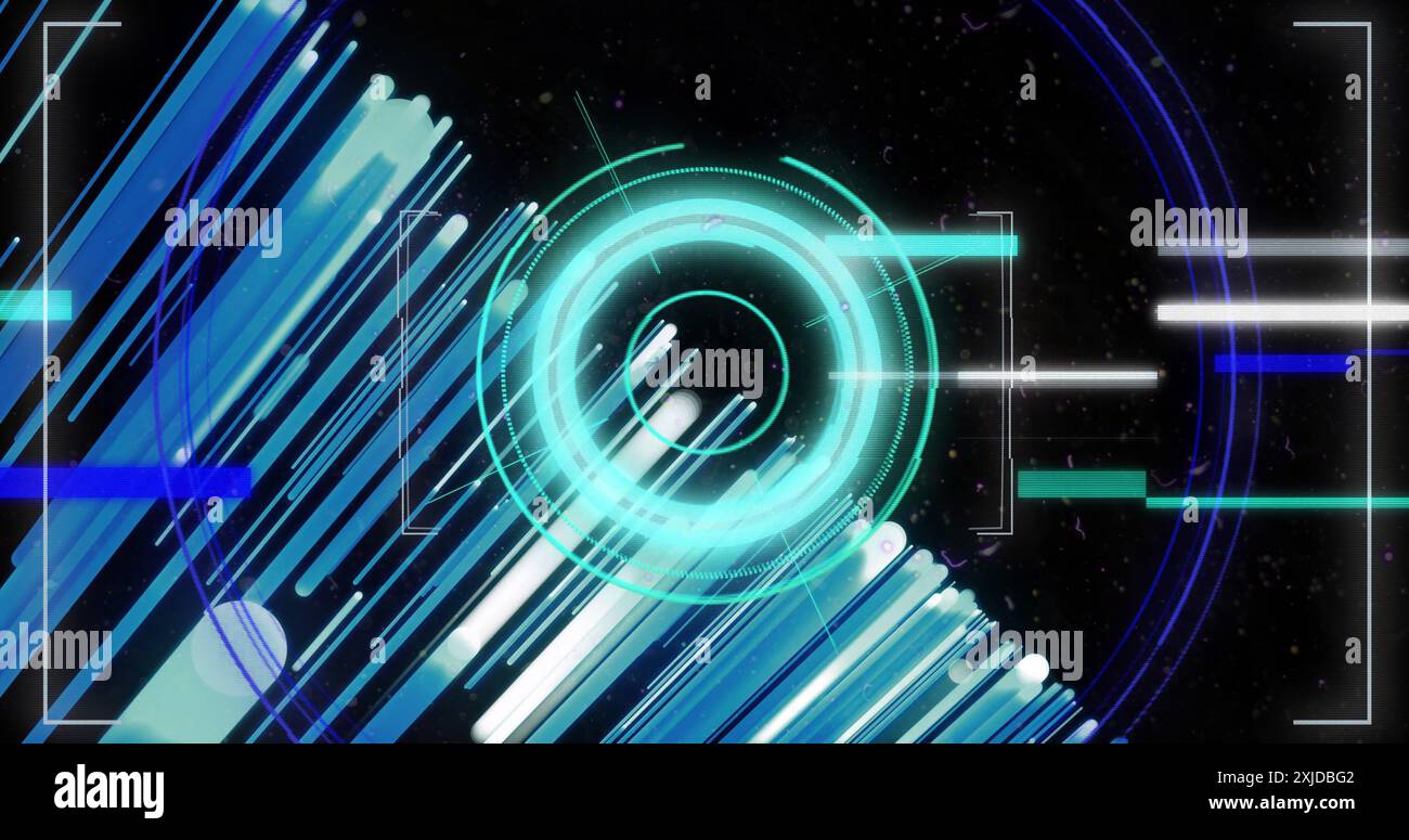 Image of flashing lights and blue circular scanner processing on black background. Network, data ...