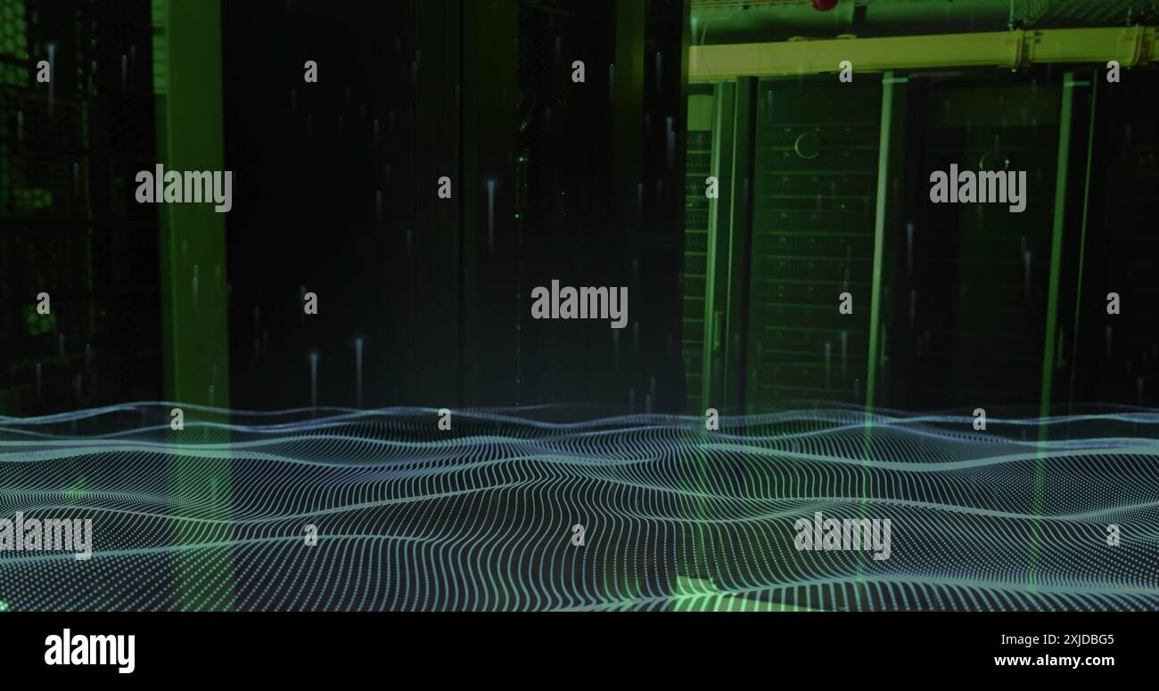 Image of ai data processing and mesh over computer server. Global artificial intelligence, data ...