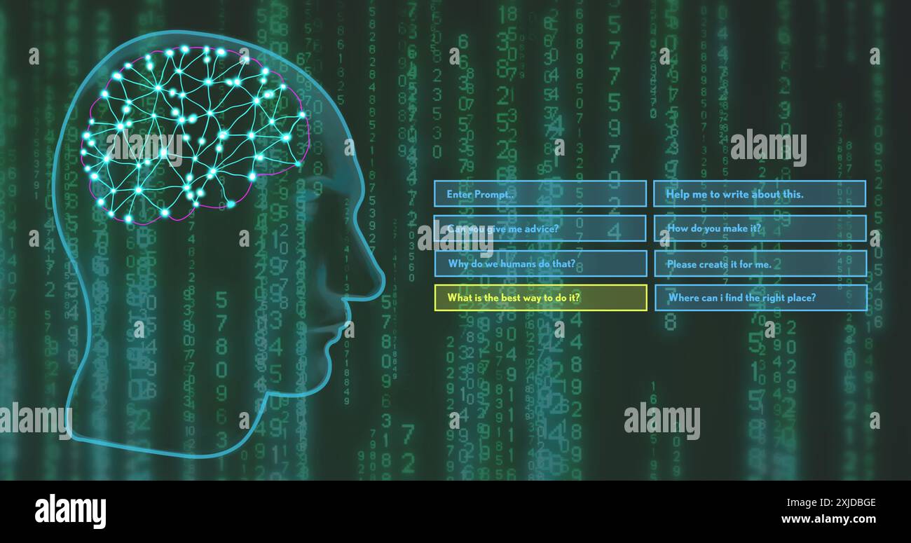 Image of human head and ai data processing over computer server Stock ...