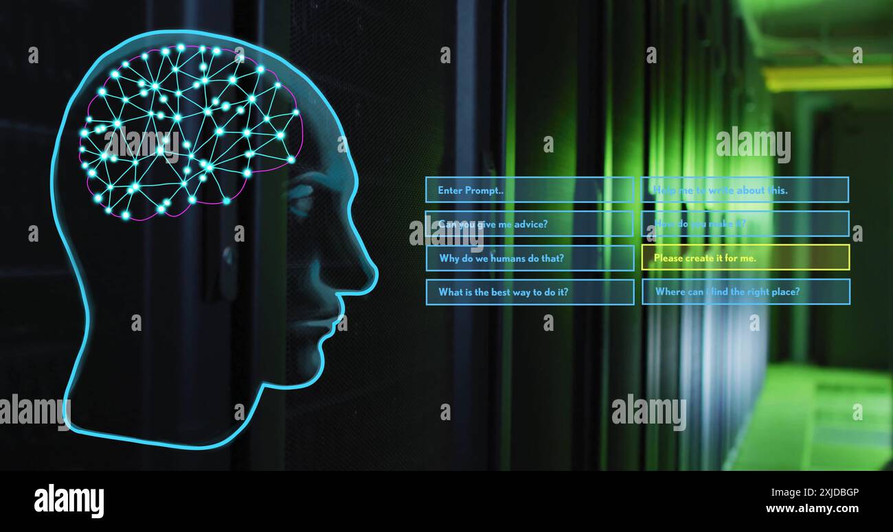 Image of human head and ai data processing over computer server Stock ...