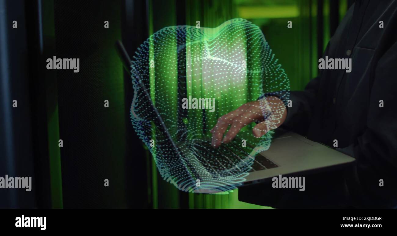 Image of globe with connections over asian man using laptop by computer ...