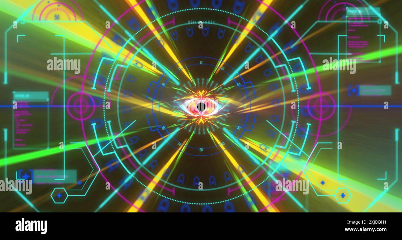 Image of colourful circular scanner processing over bright flashing ... Image of colourful circular scanner processing over bright flashing ...