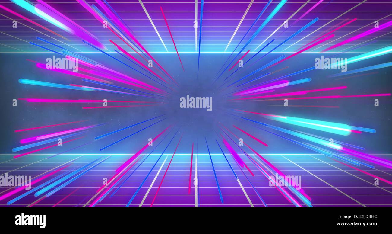 Image of strobing blue and pink neon light beams over grids on blue background. Connection, data ...