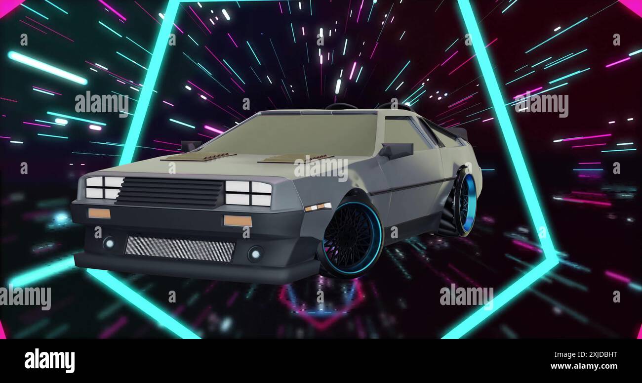 Image of futuristic car rotating over neon hexagons and light beams on ...