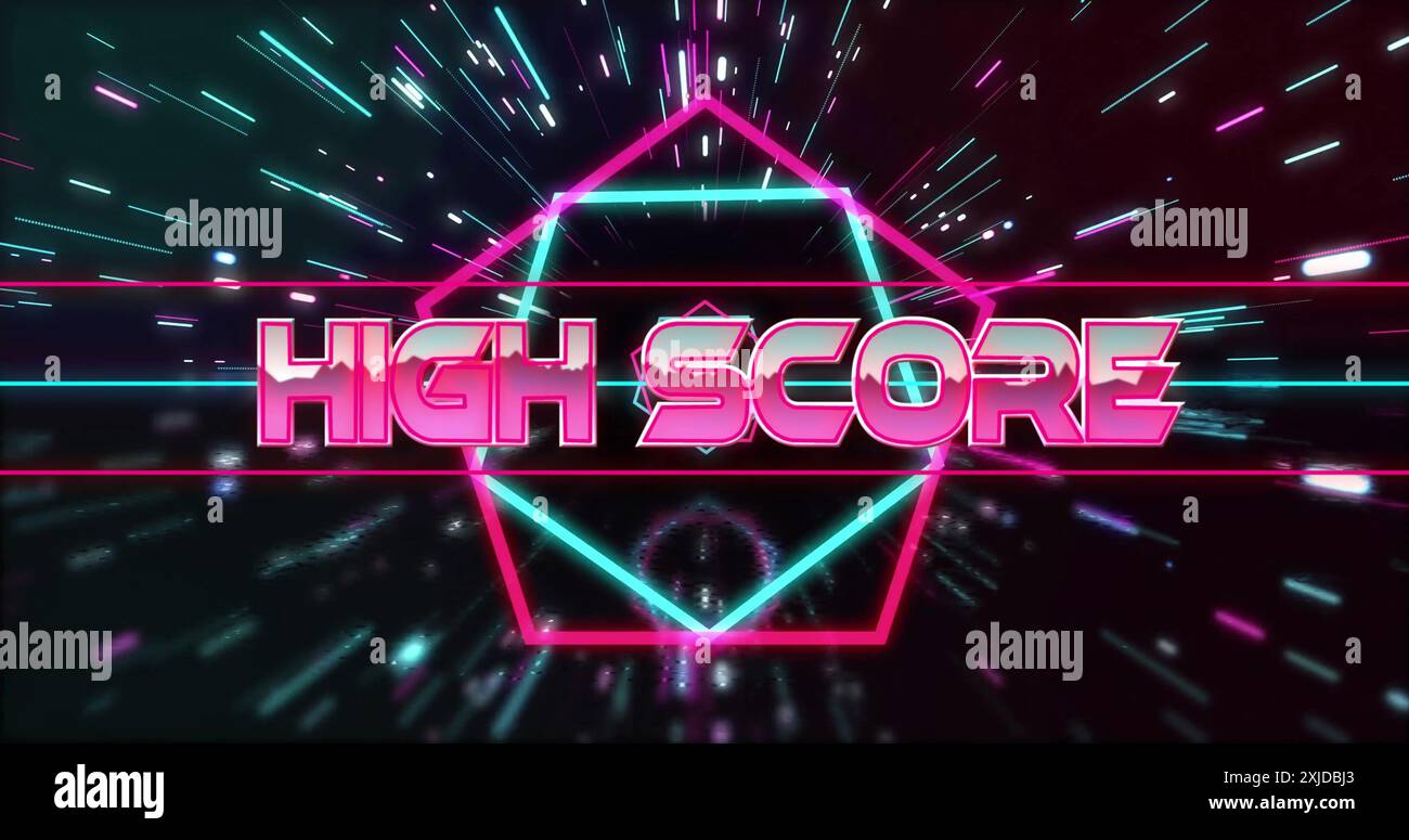 Image of high score text in metallic pink over neon hexagons and lights ...