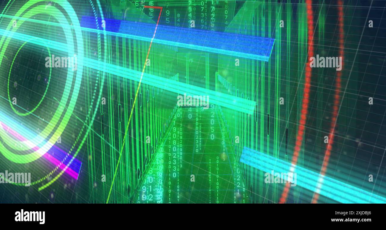 Image of flashing coloured light beams and circular scanner over green lit server room ...