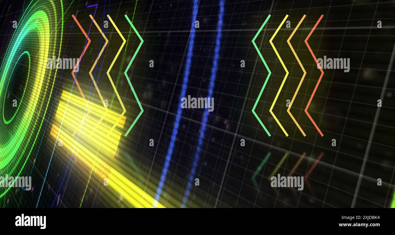 Image of flashing coloured light and circular scanner over zigzag neon lines on black background ...