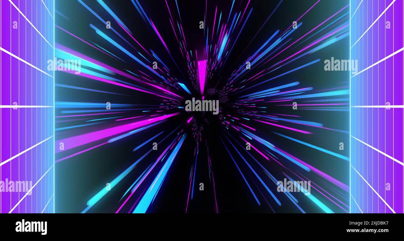 Image of side grids over strobing blue and pink neon light beams on black background. Connection ...