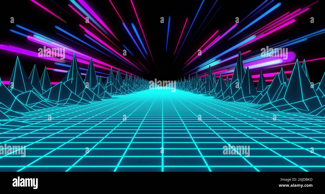 Image of digital grid and landscape with flashing neon beams in night ...