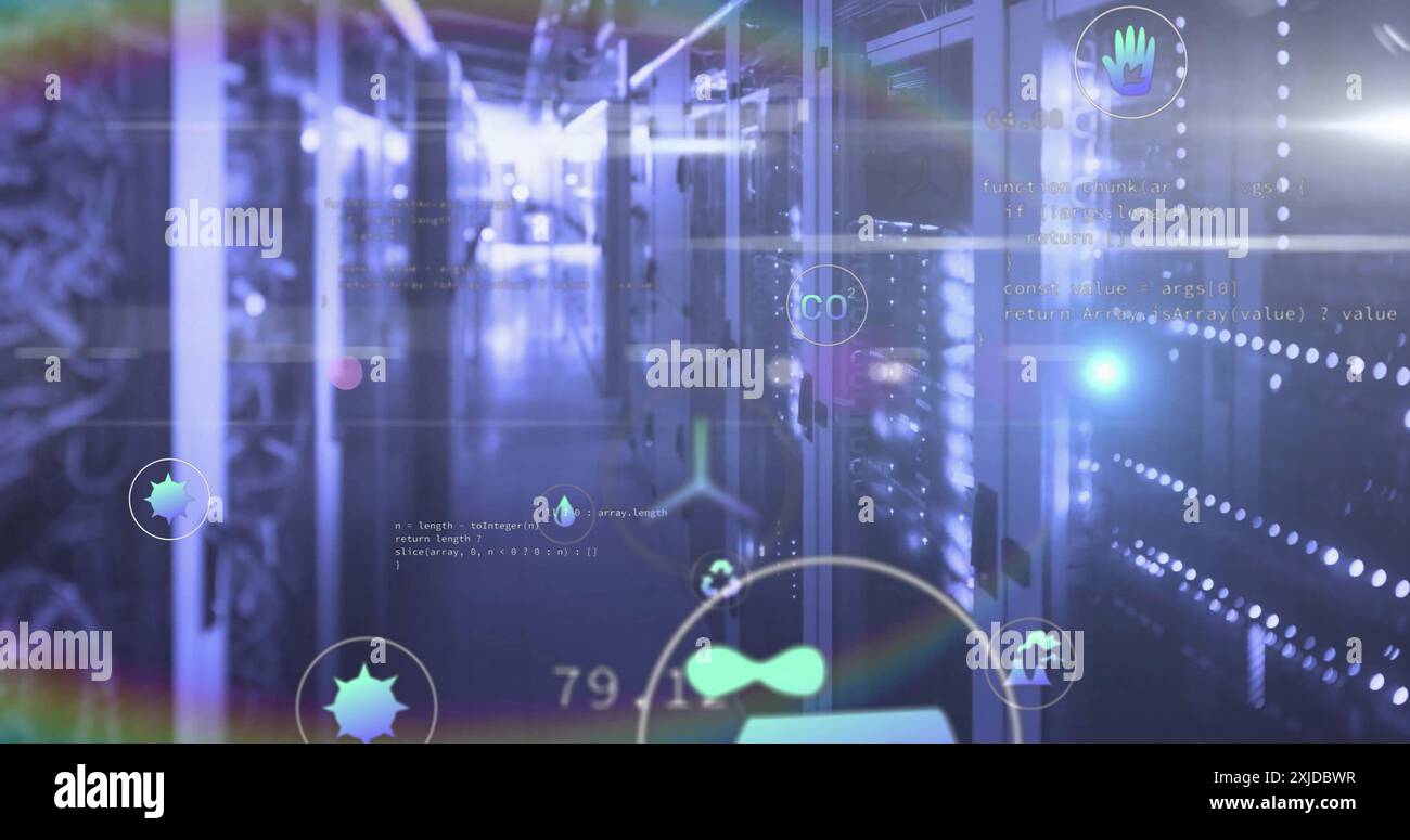 Image of eco icons and digital data processing over computer servers ...