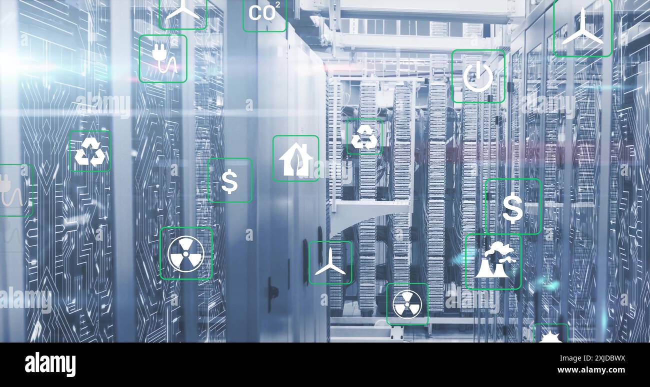 Image of eco icons and digital data processing over computer servers ...