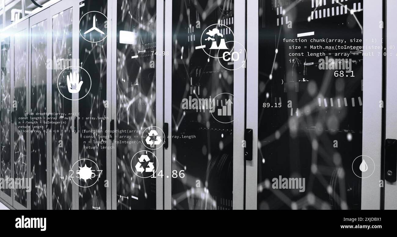 Image of eco icons and digital data processing over computer servers ...