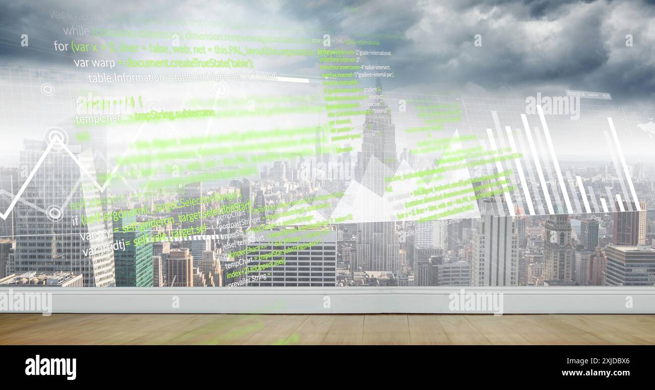 Image of charts and processing data over cloudy cityscape Stock Photo ...