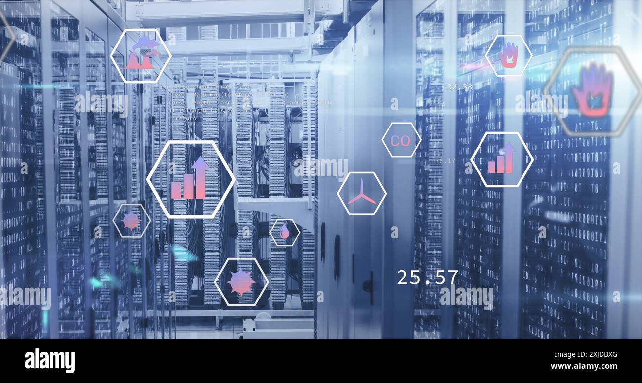 Image of eco icons and digital data processing over computer servers. Global connections ...