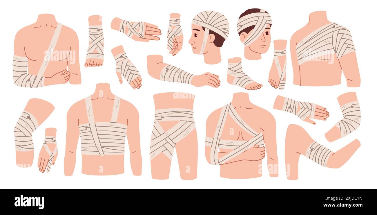 Bandaged wounds and bruises. Applying gauze bandages and plaster on ...