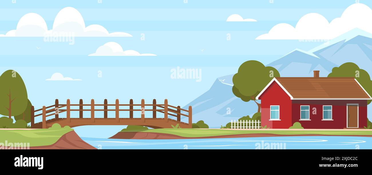 Cartoon mountain landscape. Rural house on river bank. Wooden log ...