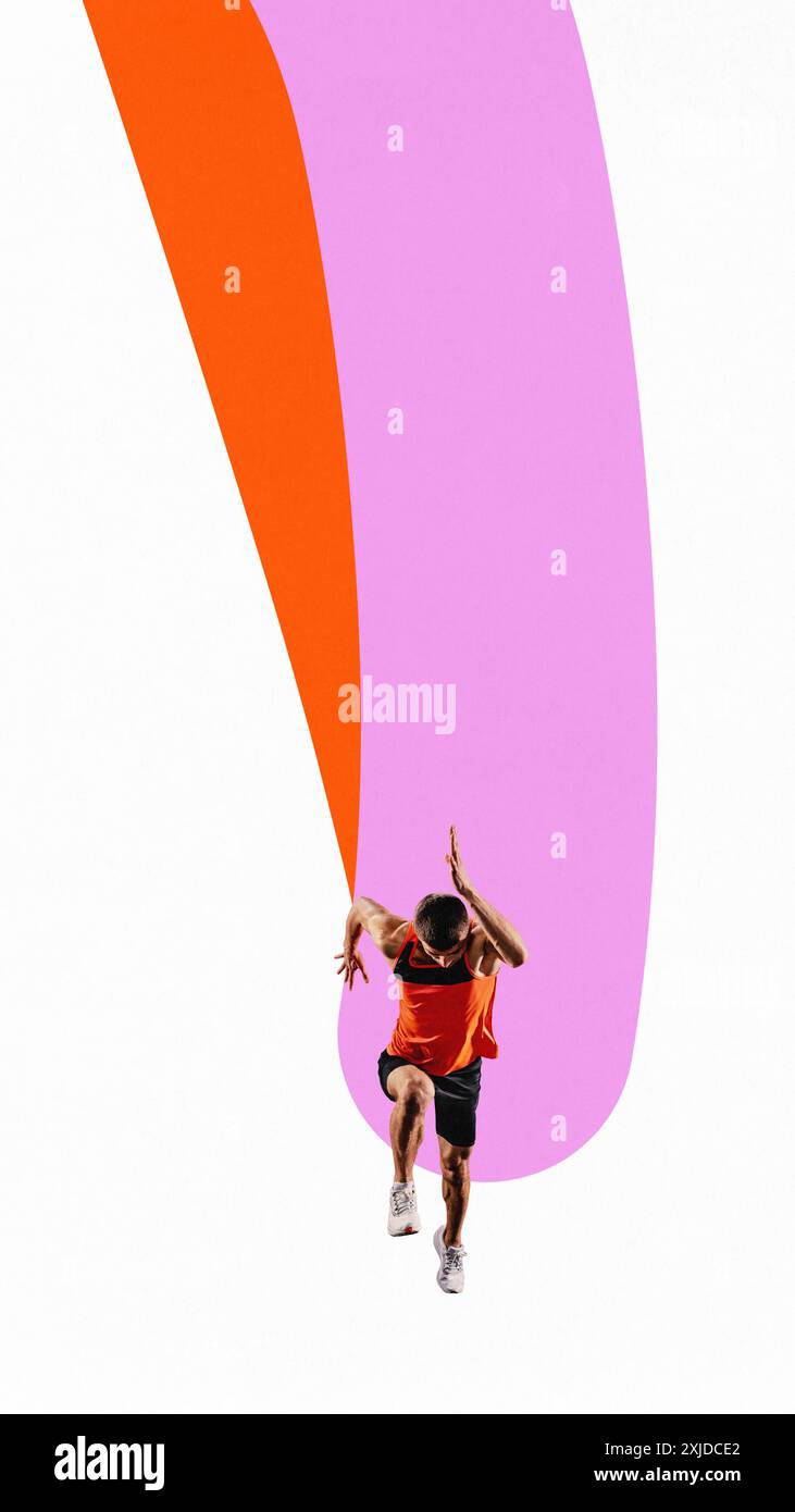 Poster. Contemporary art collage. Competitive young man running in ...