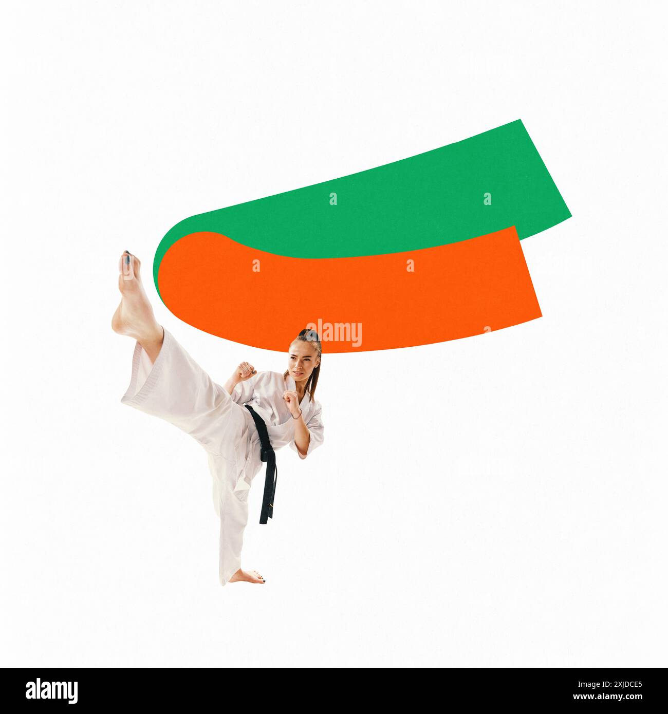 Poster. Contemporary art collage. Young athletic woman, karate fighter ...