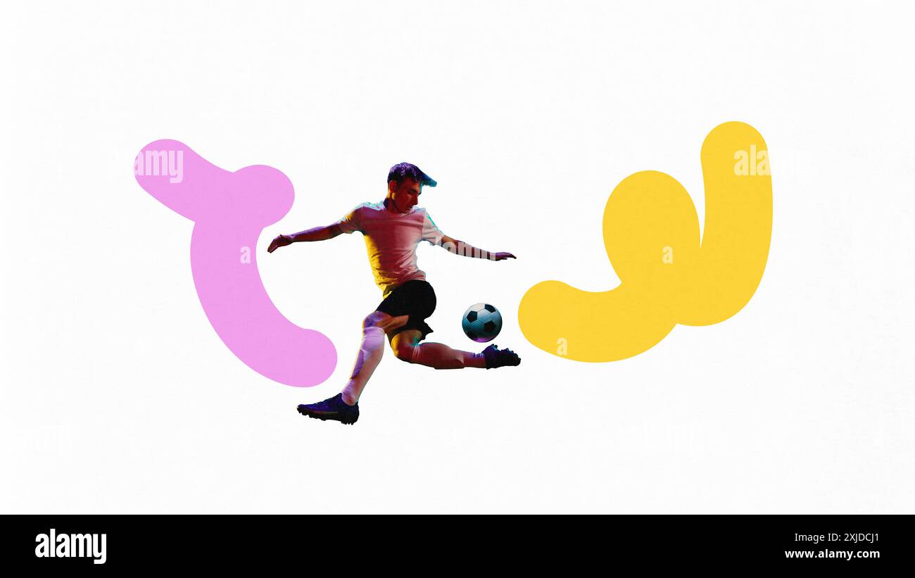 Poster. Contemporary art collage. Football athlete playing football ...