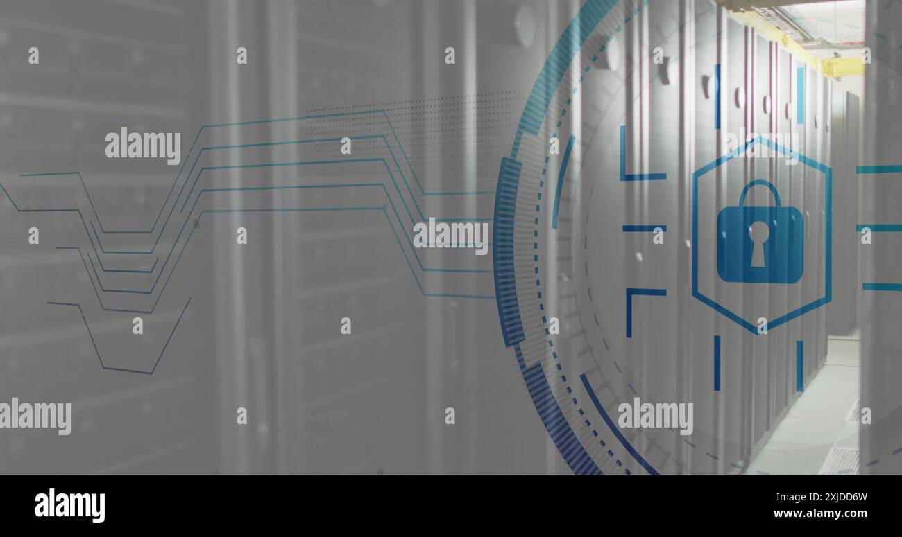 Image of scope scanning with padlock icon over server room. Global ...
