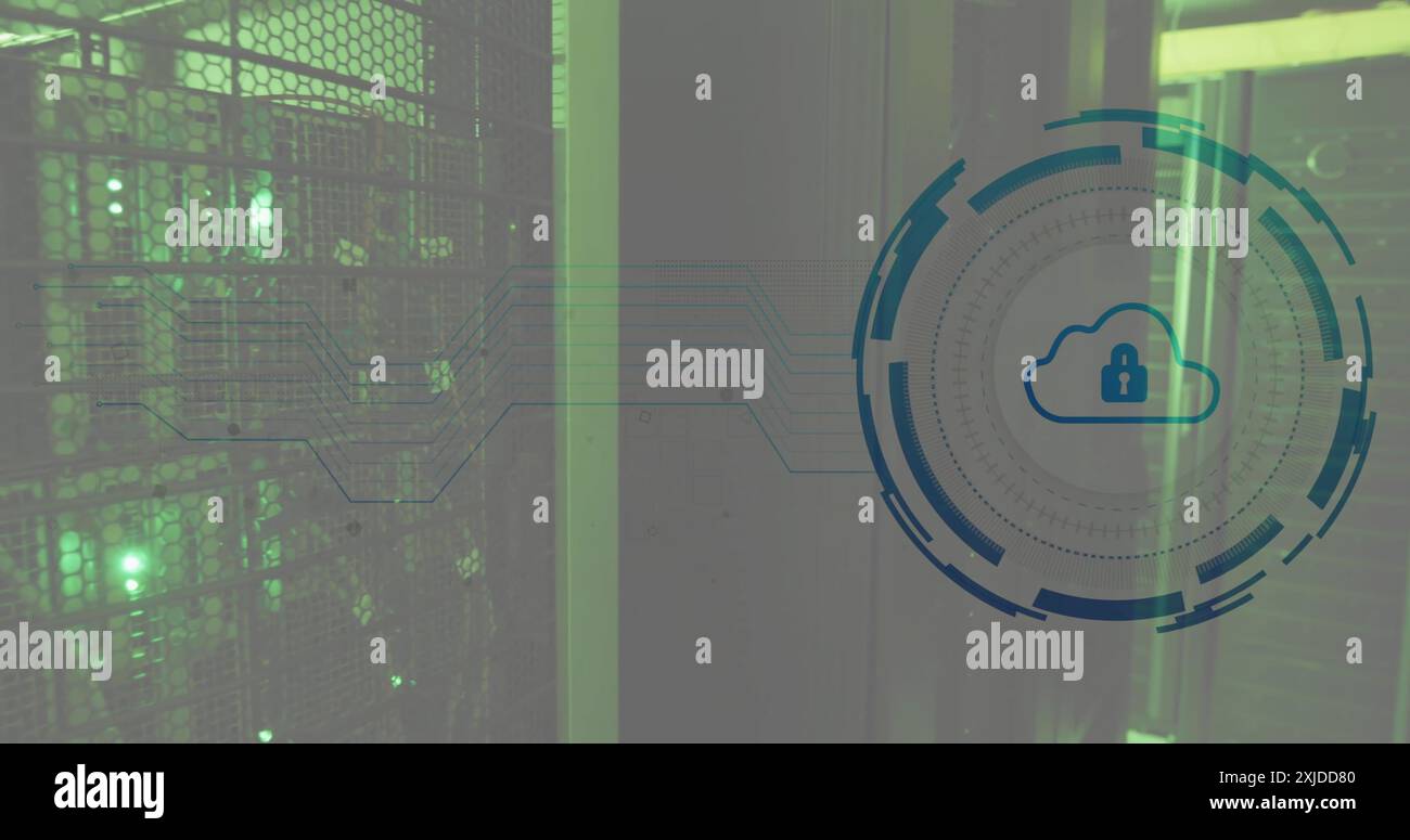 Image of scope scanning with cloud and padlock icon over server room ...