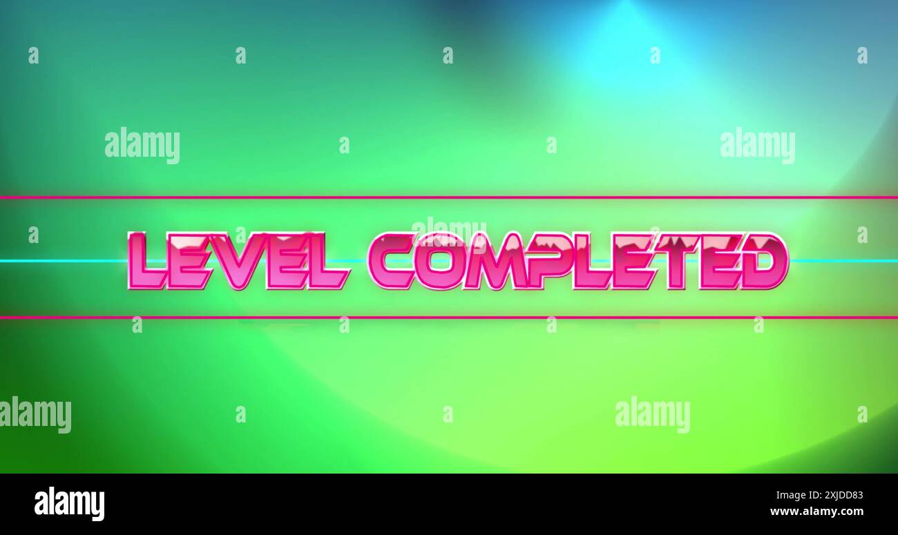 Image of level completed text over colourful lights. Retro, social ...