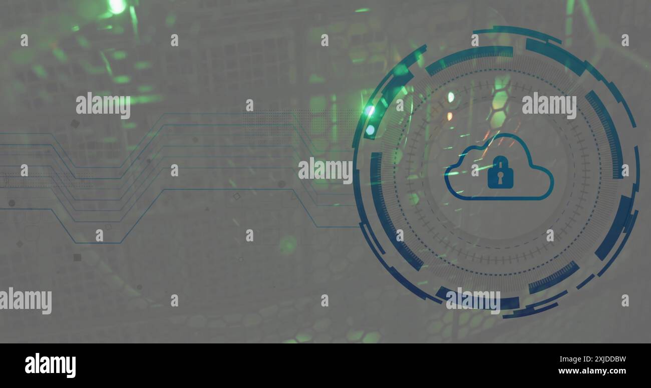 Image of scope scanning with cloud and padlock icon over server room ...