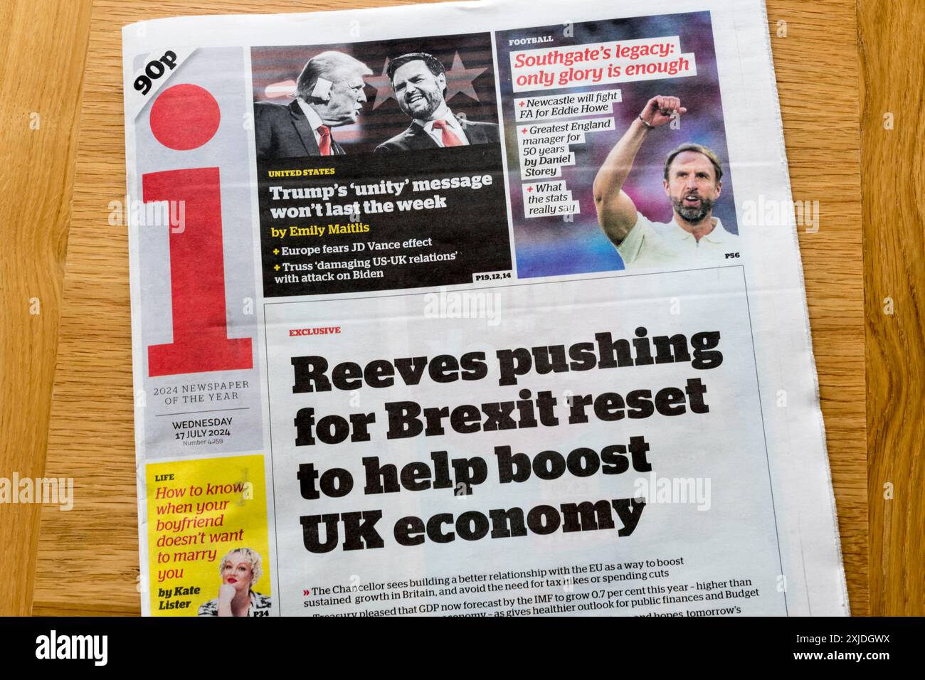 17 July 2024. Front page headline in i newspaper is Reeves pushing for ...