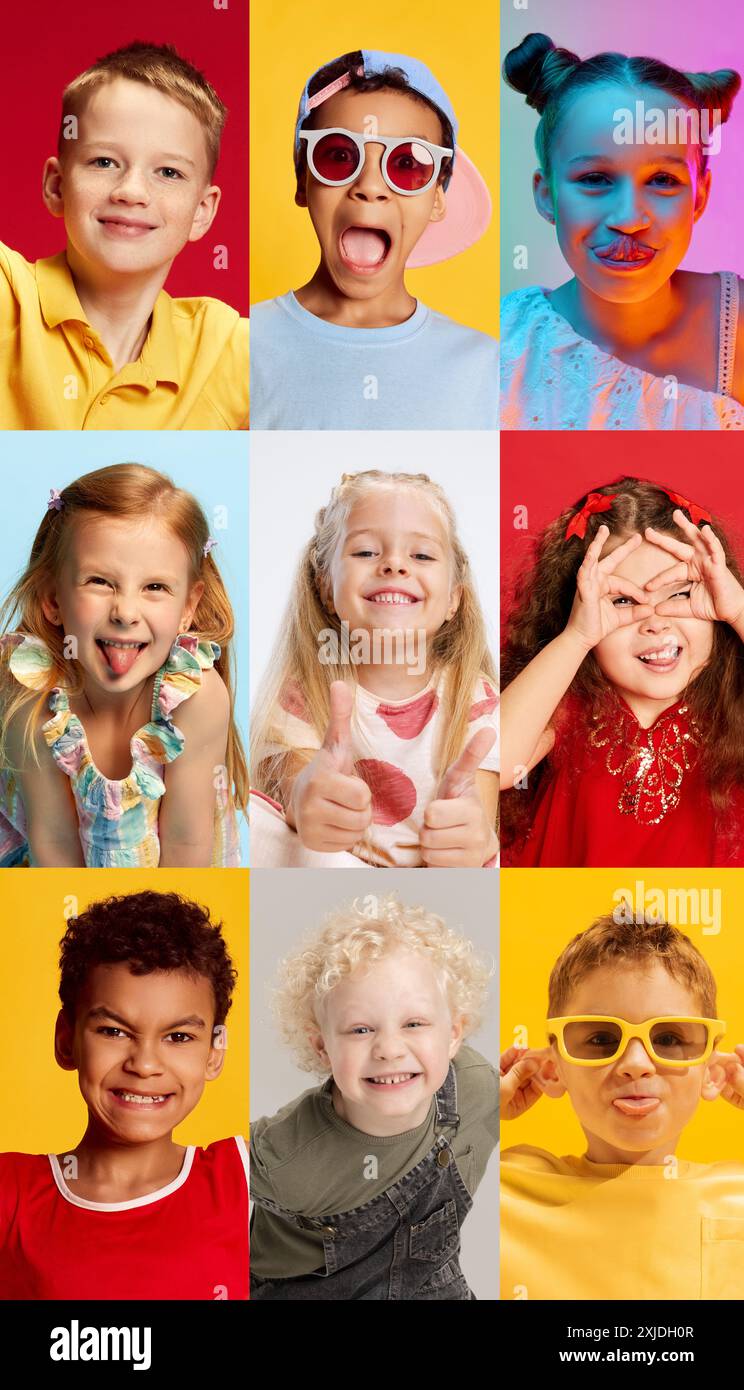 Vertical collage. Carefree. Collage made of portraits of little kids ...