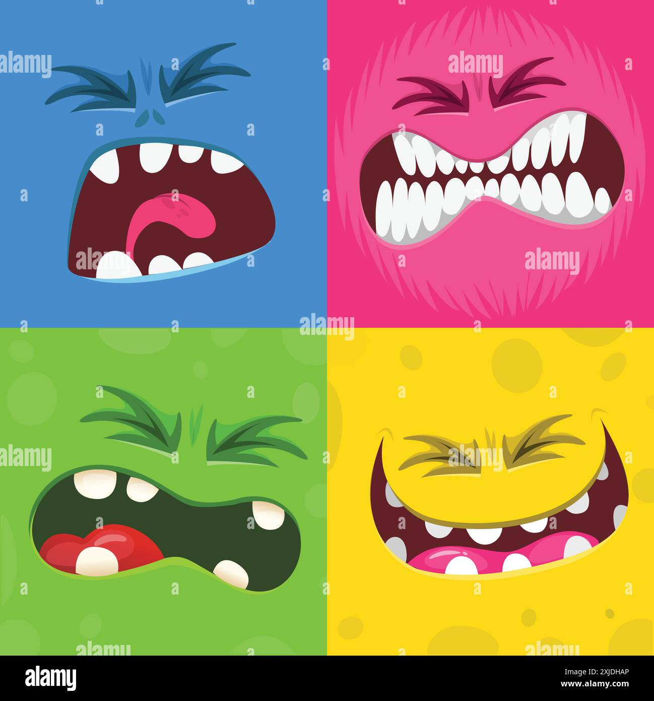 Cartoon monster faces set. Vector set of four Halloween monster faces ...