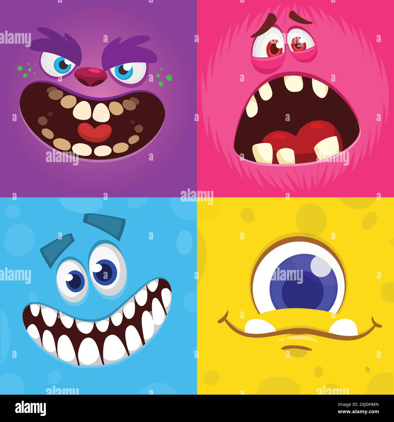 Cartoon monster faces set. Vector collection of four Halloween monster ...