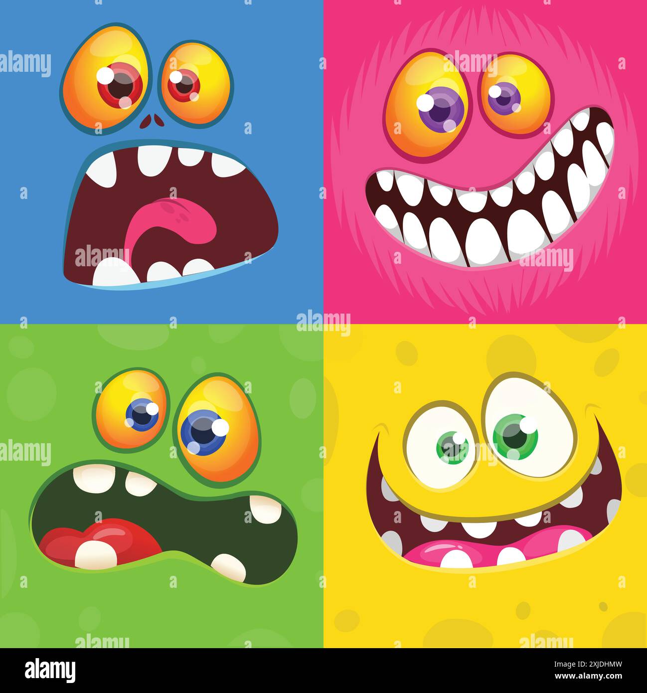 Cartoon monster faces set. Vector collection of four Halloween monster ...