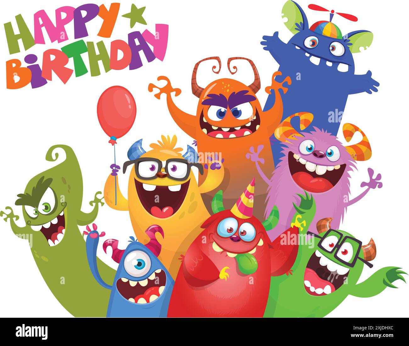 Cute cartoon Monsters. Vector set of cartoon monsters with balloons and ...