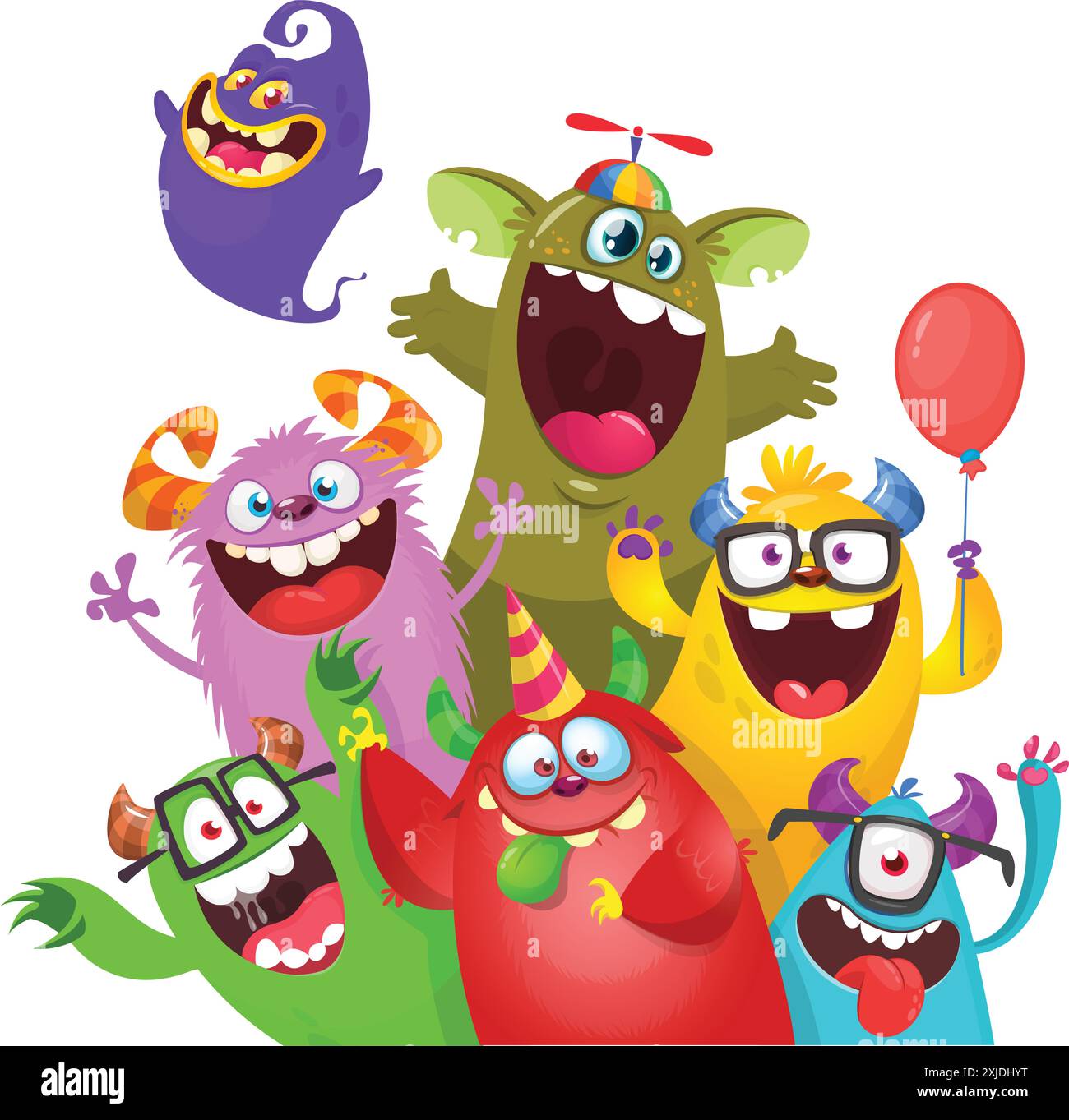 Cute cartoon Monsters. Vector set of cartoon monsters with balloons and ...