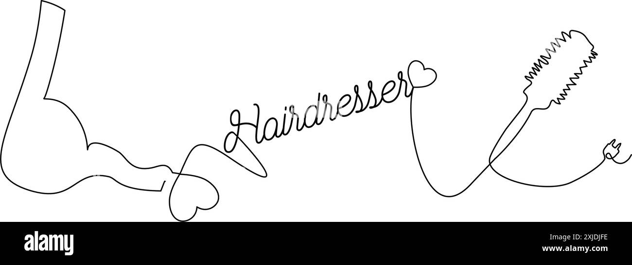 Continuous line with hairdryer, scissors, brush, hearts. hairdresser in ...