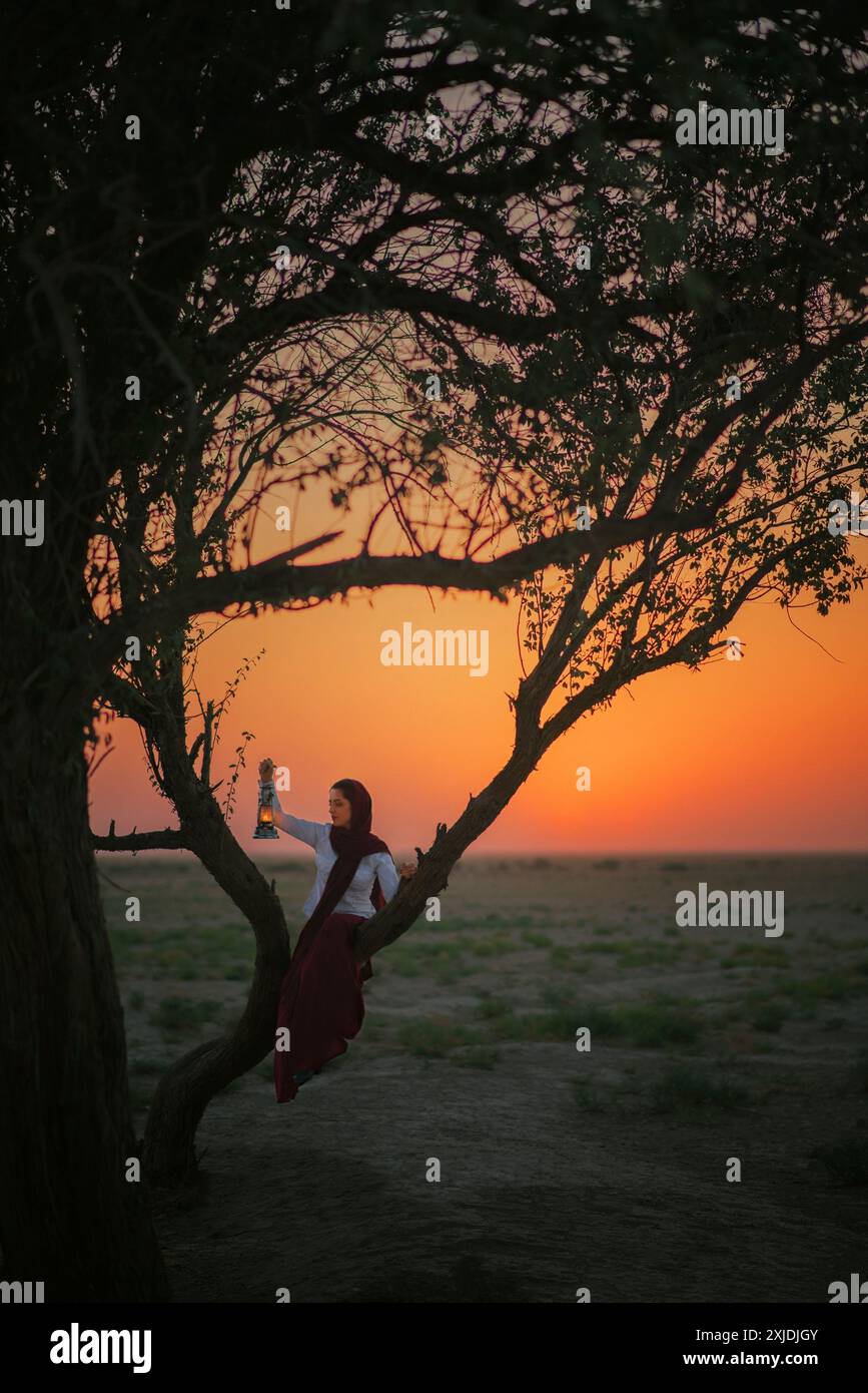 [Two views] In this lovely evening, the girl sat on the tree branch and ...