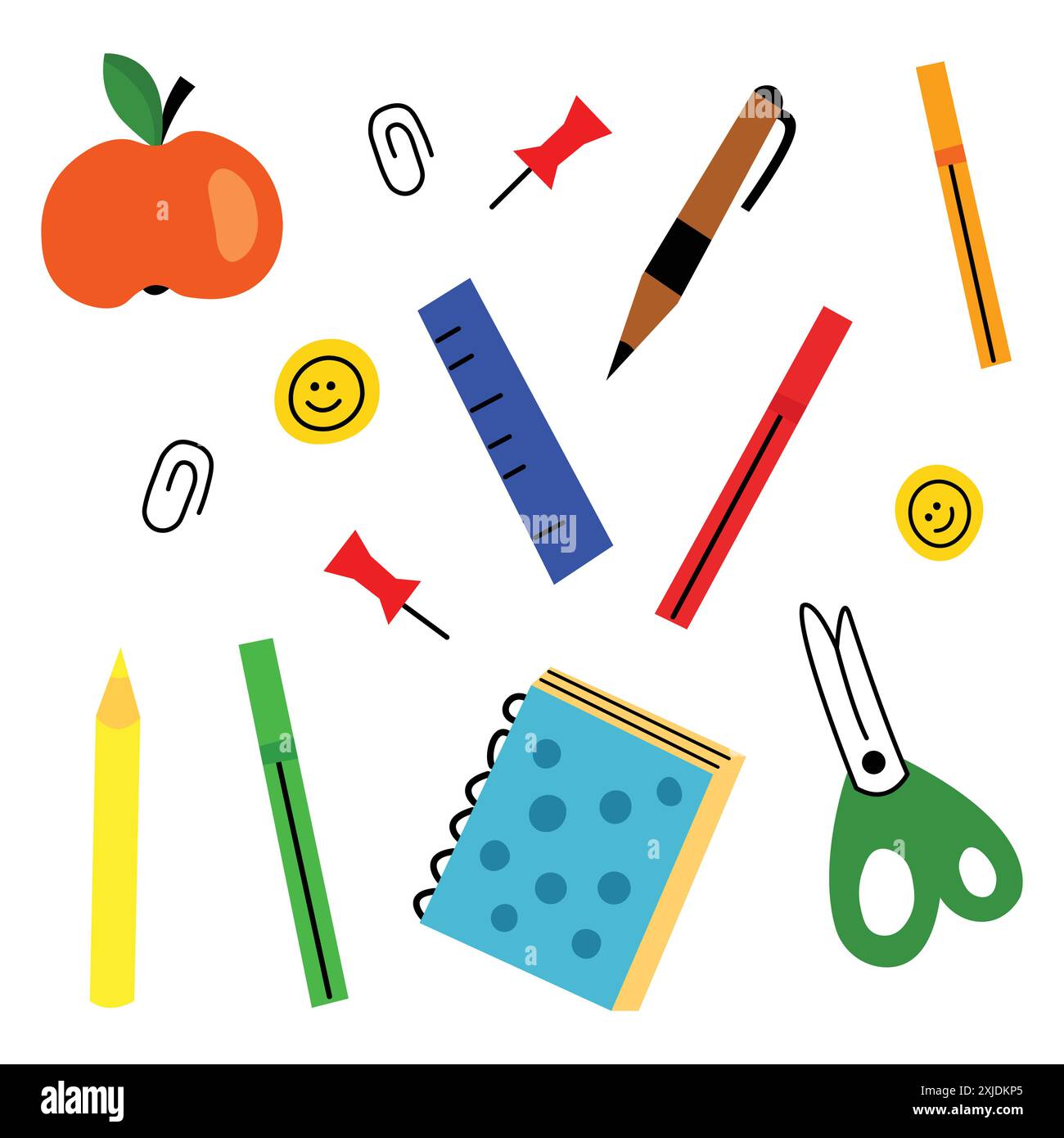 Colorful collection of school supplies scattered on a white background ...