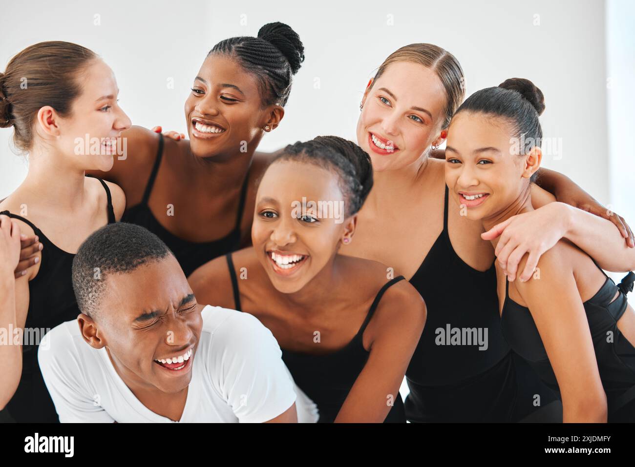 Ballet, happy and children hug in studio excited for ballerina training ...