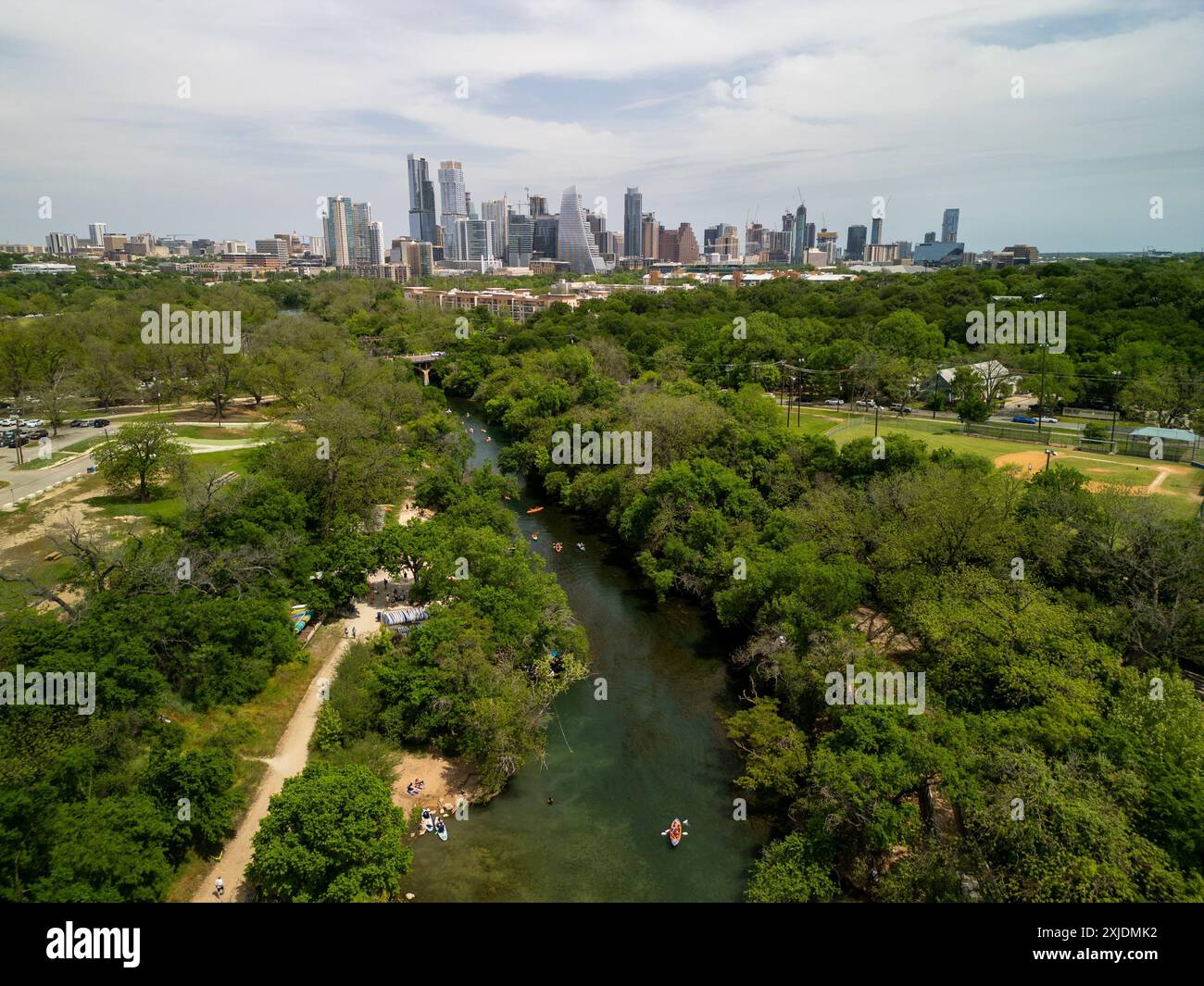 An aerial view of the Zilker Metropolitan Park on a sunny day with the ...
