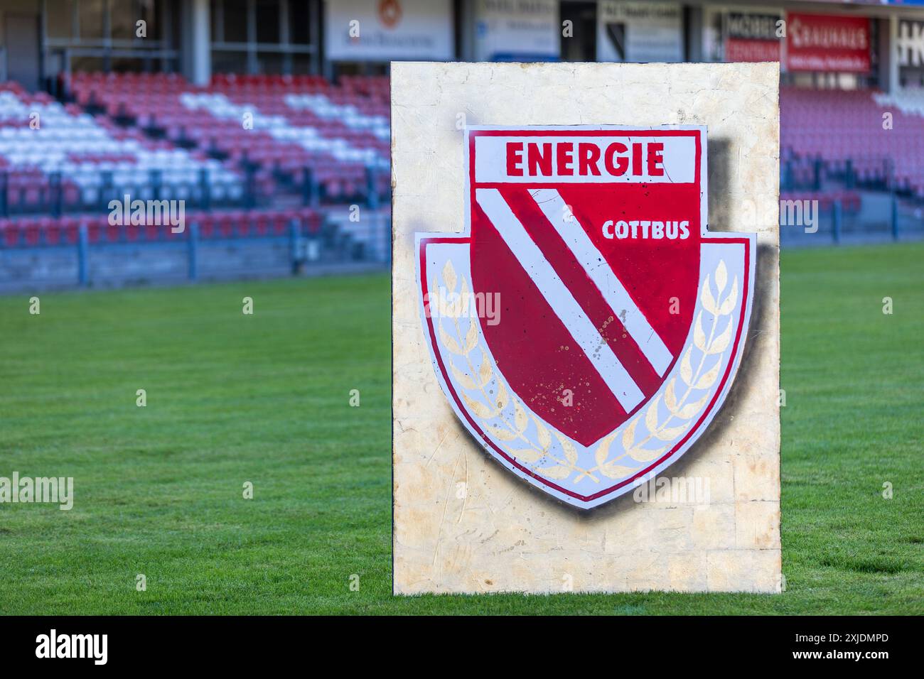 Cottbus, Germany. 18th July, 2024. A stand with the FC Energie Cottbus ...