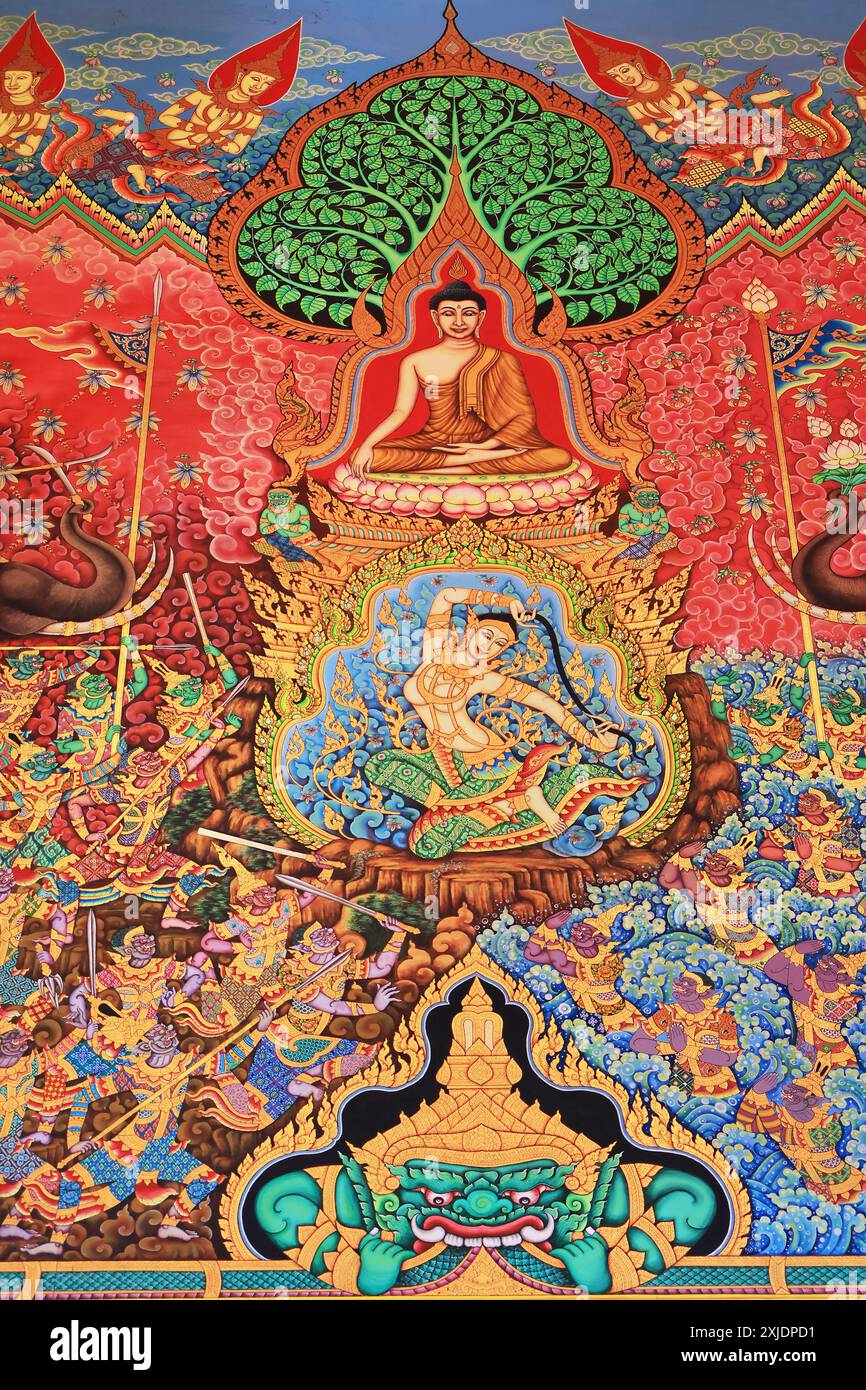 Mural Painting of Buddha Phra Mae Thorani Goddess Twisting her Hair and ...