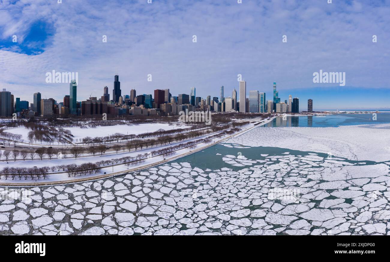Urban Skyline of Chicago Loop and Frozen Lake Michigan with Ice Lumps ...