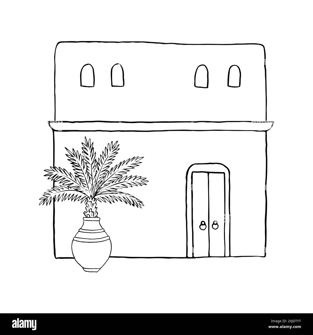 Arabic old two-storey house with palm tree line vector illustration ...